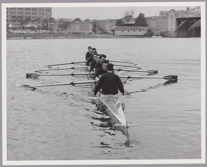 MIT crew team rowing new scull, 1956 | MIT Museum