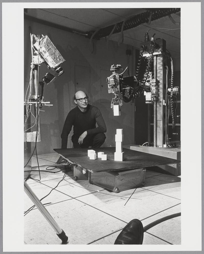 Marvin Lee Minsky with robot stacking blocks, 1968 | MIT Museum